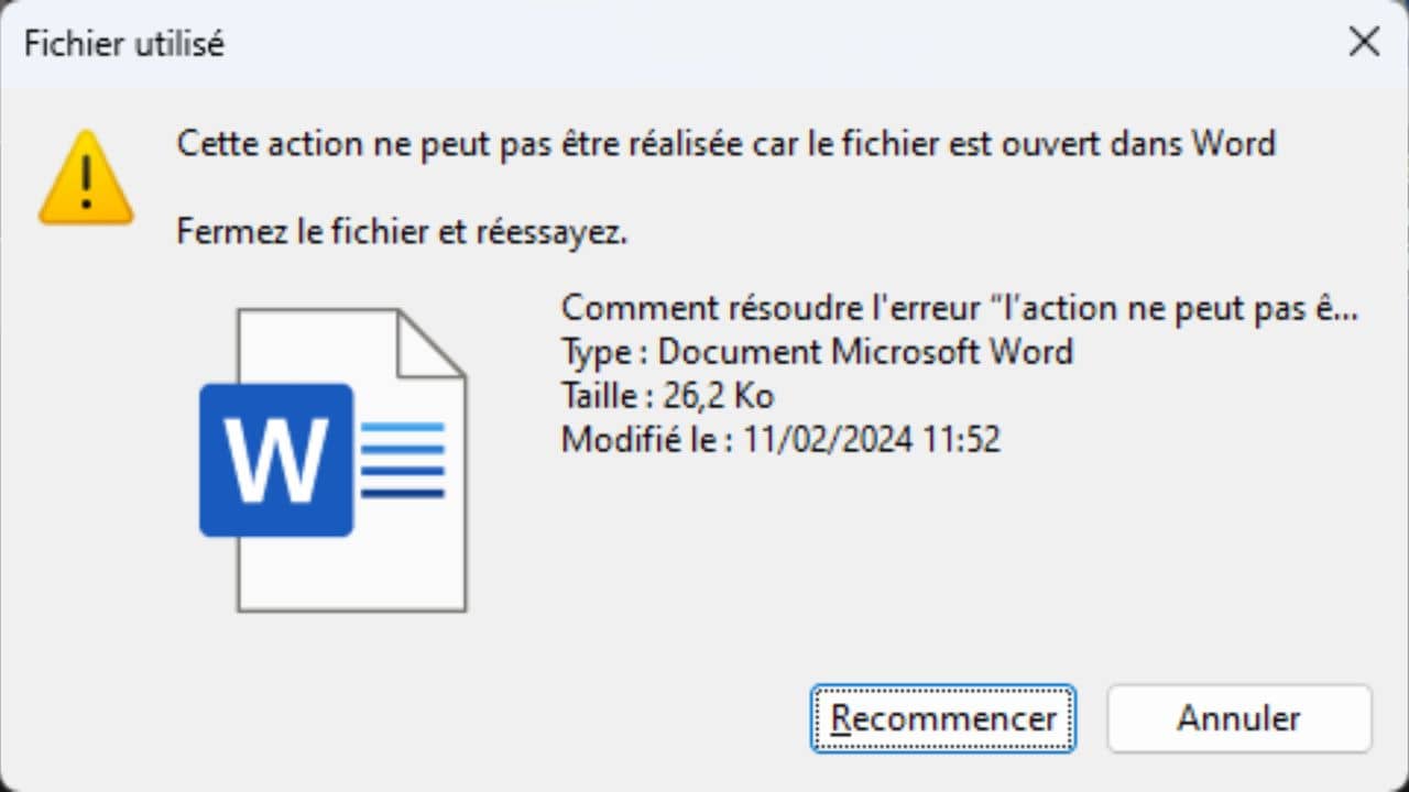 Erreur Windows "fichier encore ouvert dans un autre programme"